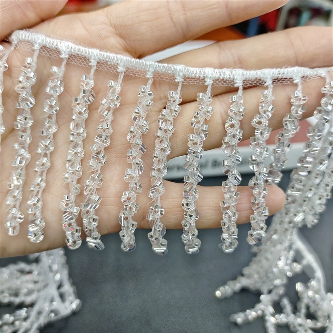 Dangling Fringe Beads Trim, Silver Beaded Sequins Fringe Trim, Unique ...