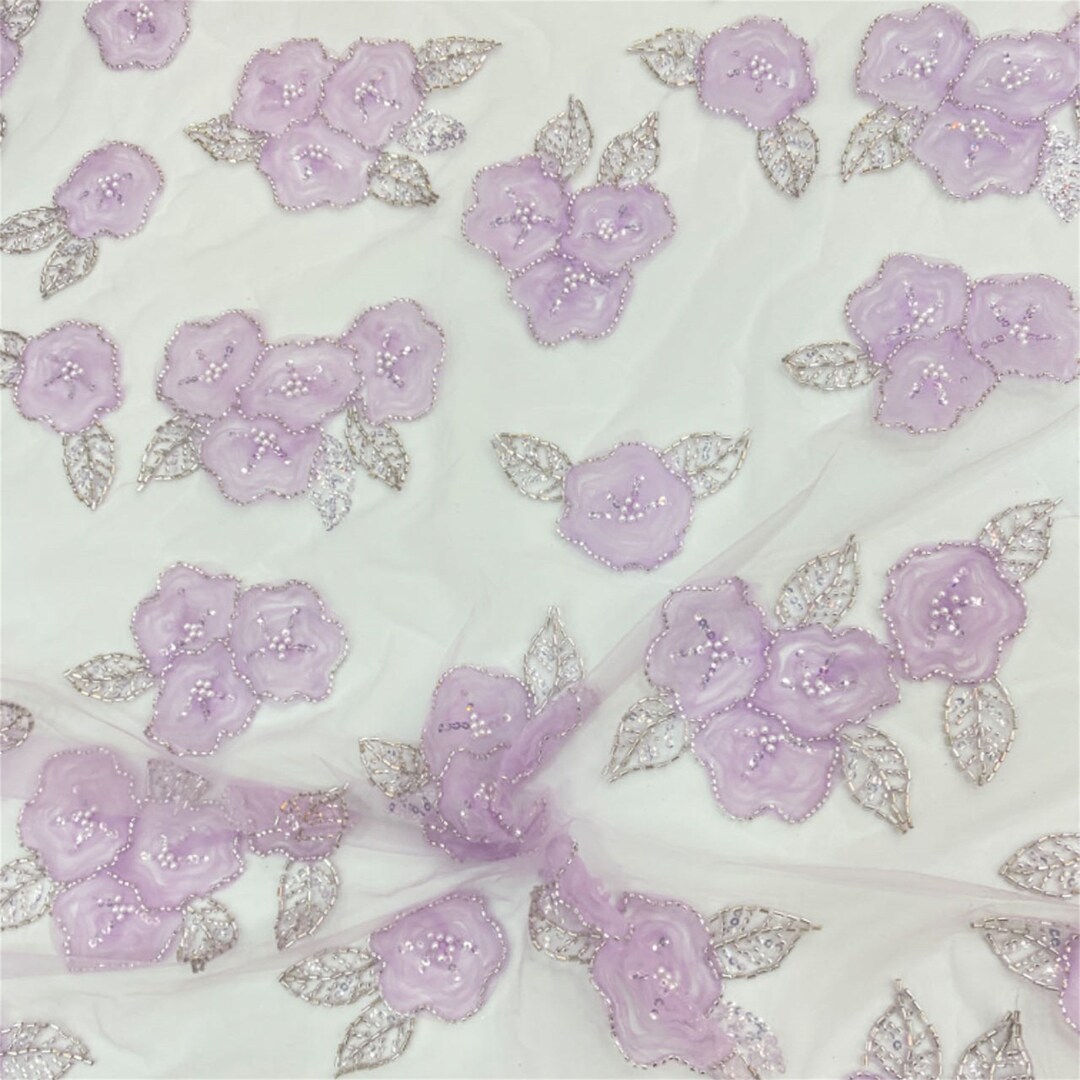 Gorgeous Purple 3D Flower Lace Fabric, Purple Beaded Fabric, Beaded ...