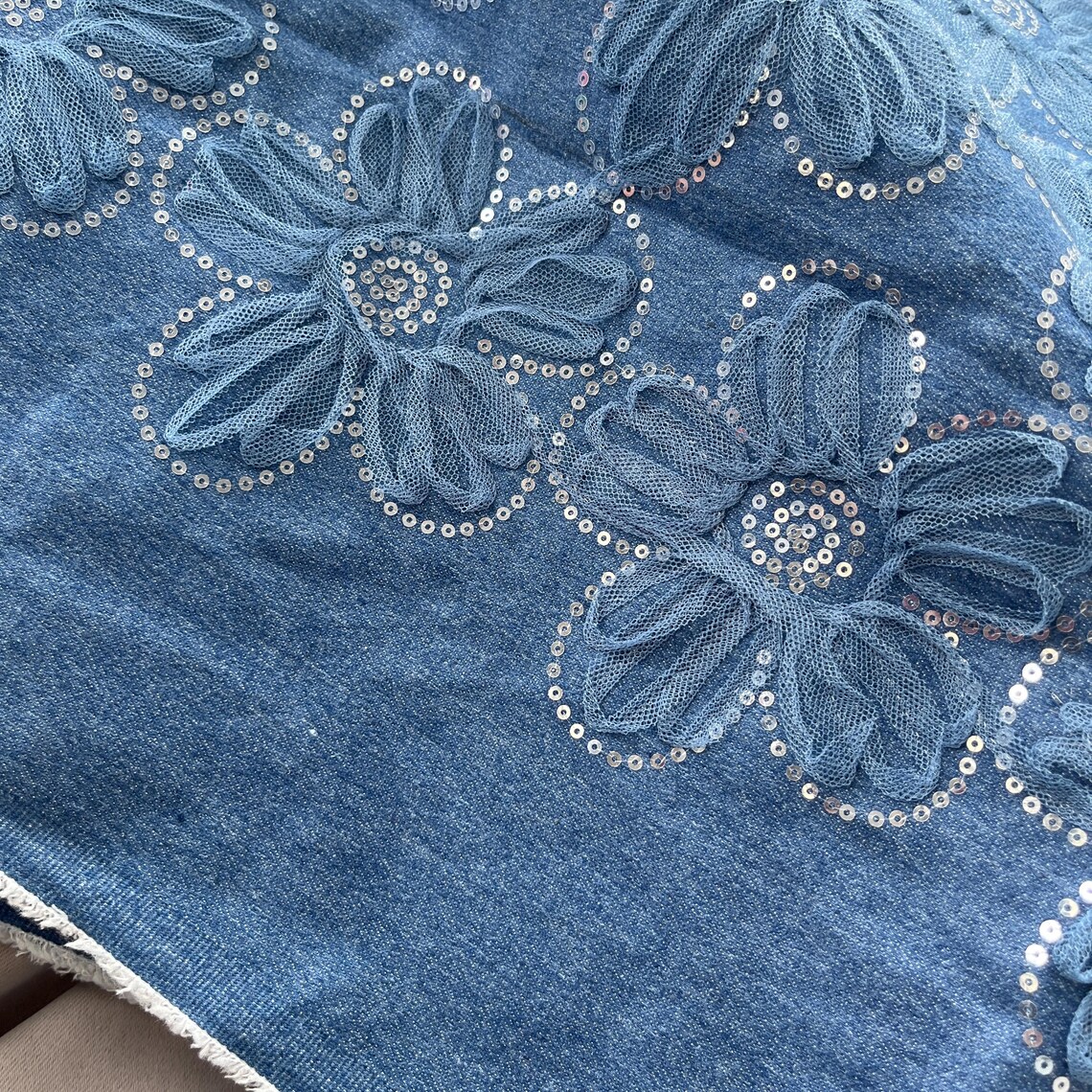 Heavy Blue Denim Fabric, Washed Denim Fabric, Sequins Floral Fabric ...