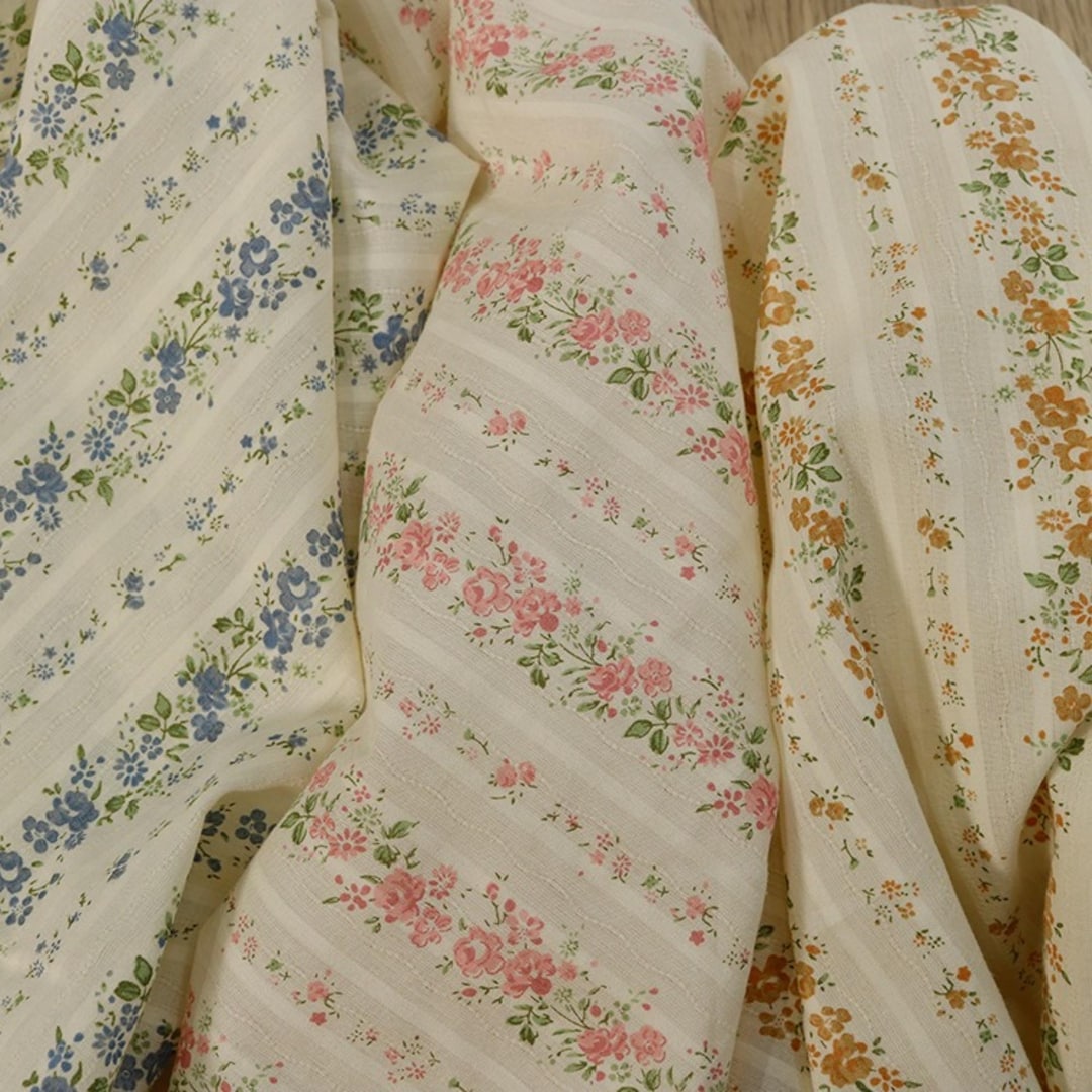 Pretty Wildflower Printed Cotton Fabric, Stripes Cotton Lace Fabric for ...