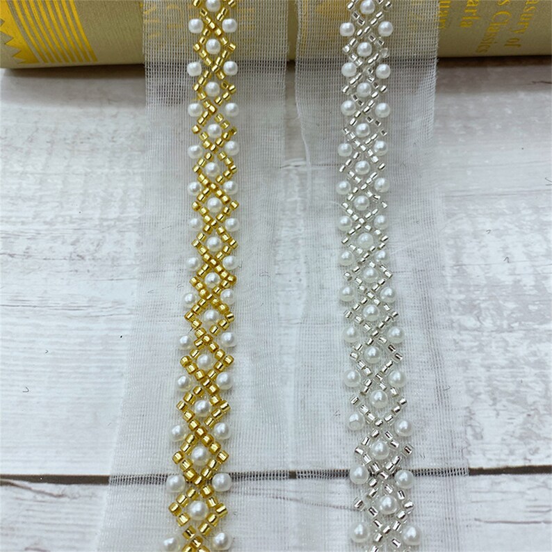 1 Yard Beads Pearls Beaded Mesh Lace Trim, Beaded Bridal Lace Trim for ...