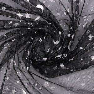Silver Stars Black Mesh Fabric, Celestial Stars Moons Print Lace Fabric ...
