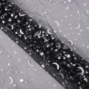 Silver Stars Black Mesh Fabric, Celestial Stars Moons Print Lace Fabric ...