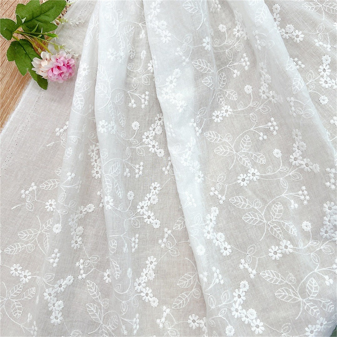 Off White Leaf Floral Motif Embroidered Cotton Bridal Fabric for Skirts ...