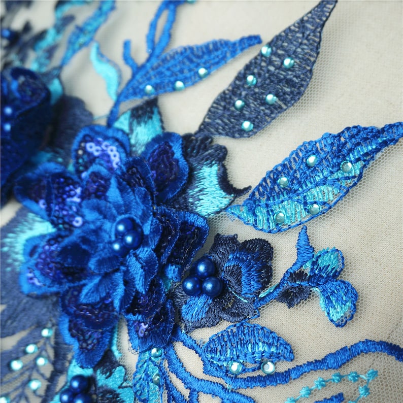 Royal Blue 3d Flower Lace Applique Embroidery Crystal Beaded Etsy