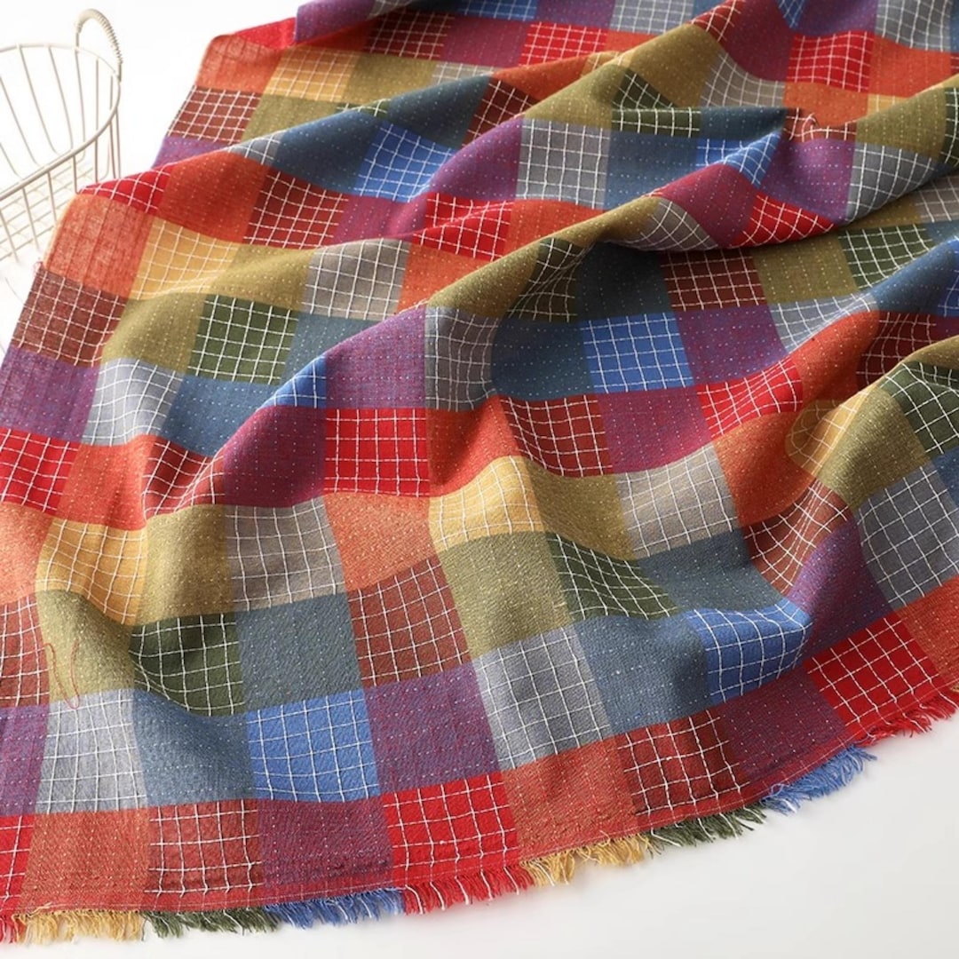 Colorful Plaid Fabric, Large Grid Fabric, Multi Tones Cotton Fabric ...