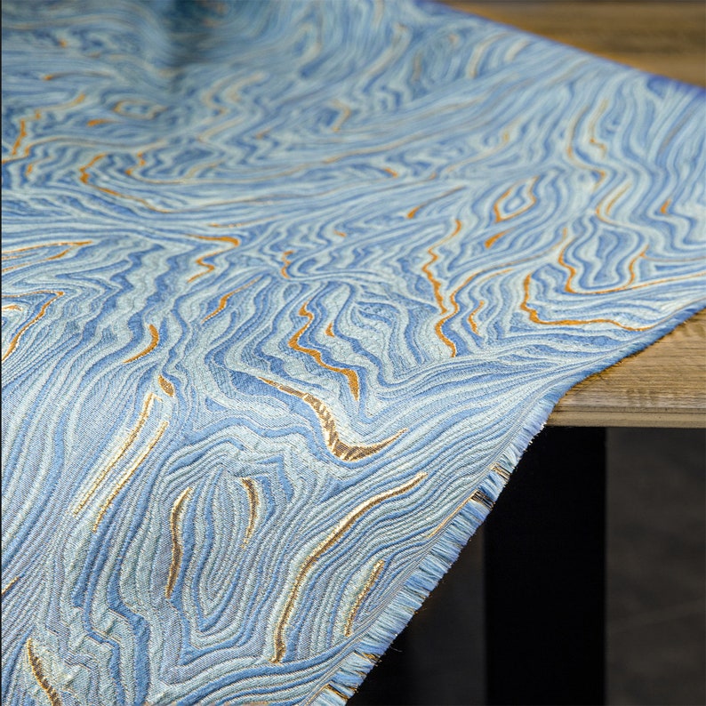 Blue Jacquard Fabric, Blue Texture Embroidery Fabric With Gold Threads ...