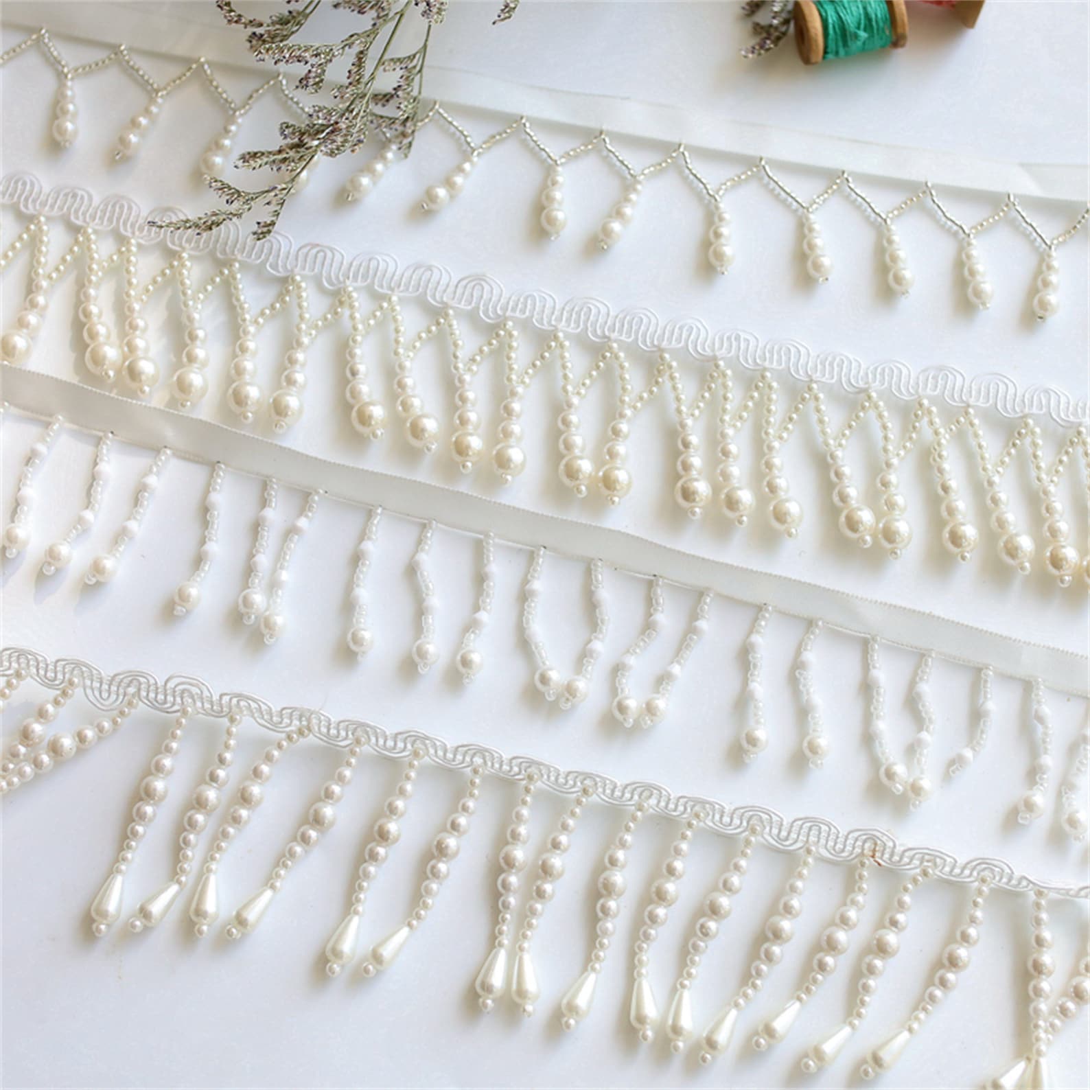 Dangling Pearls Beaded Trim, Tassel Lace Trim, Fringe Beaded Lace Trim ...