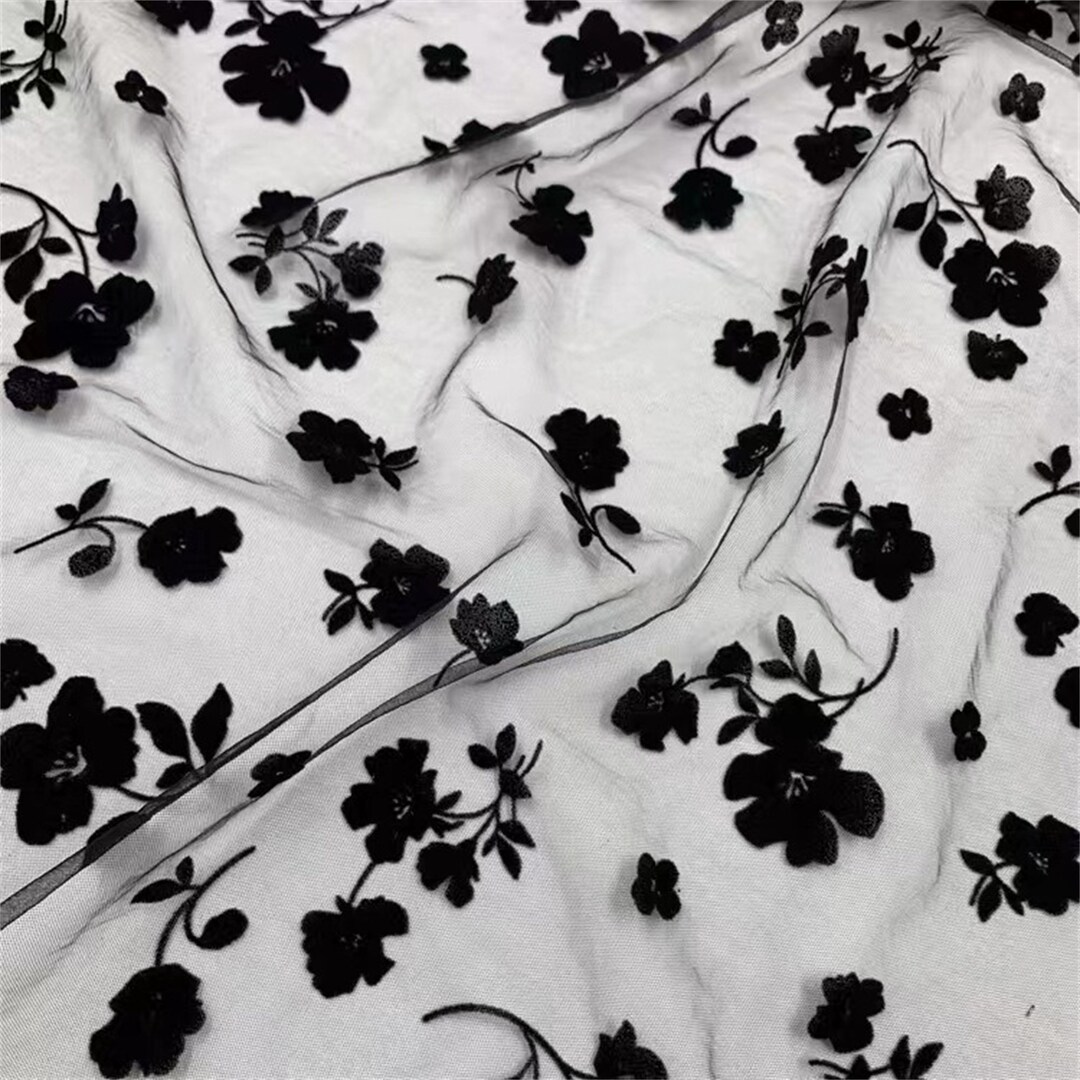 Black Flowers Flocking Lace Fabric, Flocked Floral Tulle Lace Fabric ...