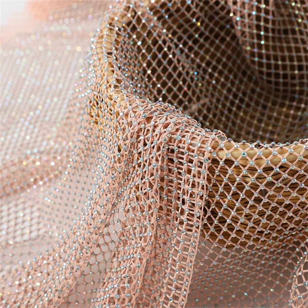 Sparkle AB Style Rhinestone Fabric, Pink Hollowed Stretch Fishnet ...