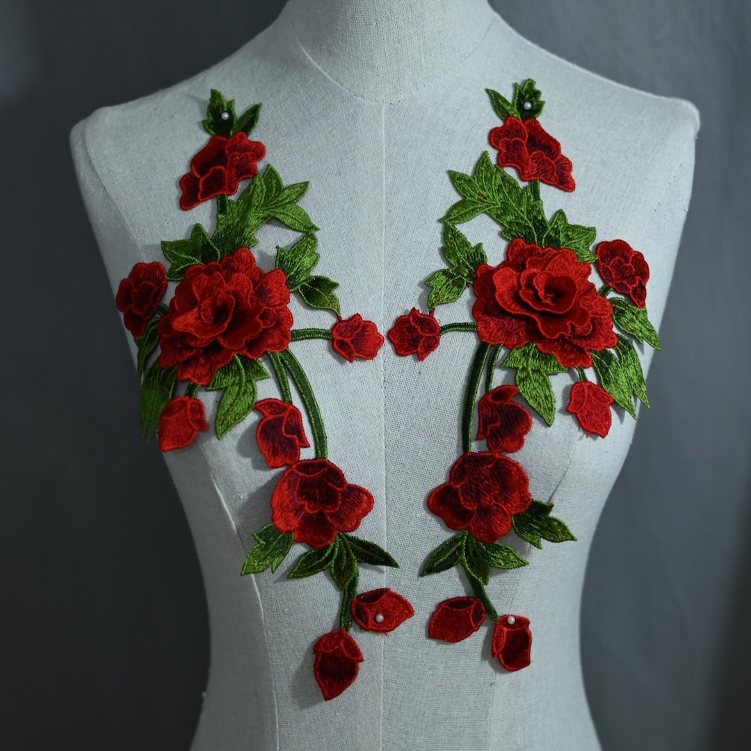 Romantic Red Rose Applique, Rose Floral Embroidery Lace Appliques Patch ...