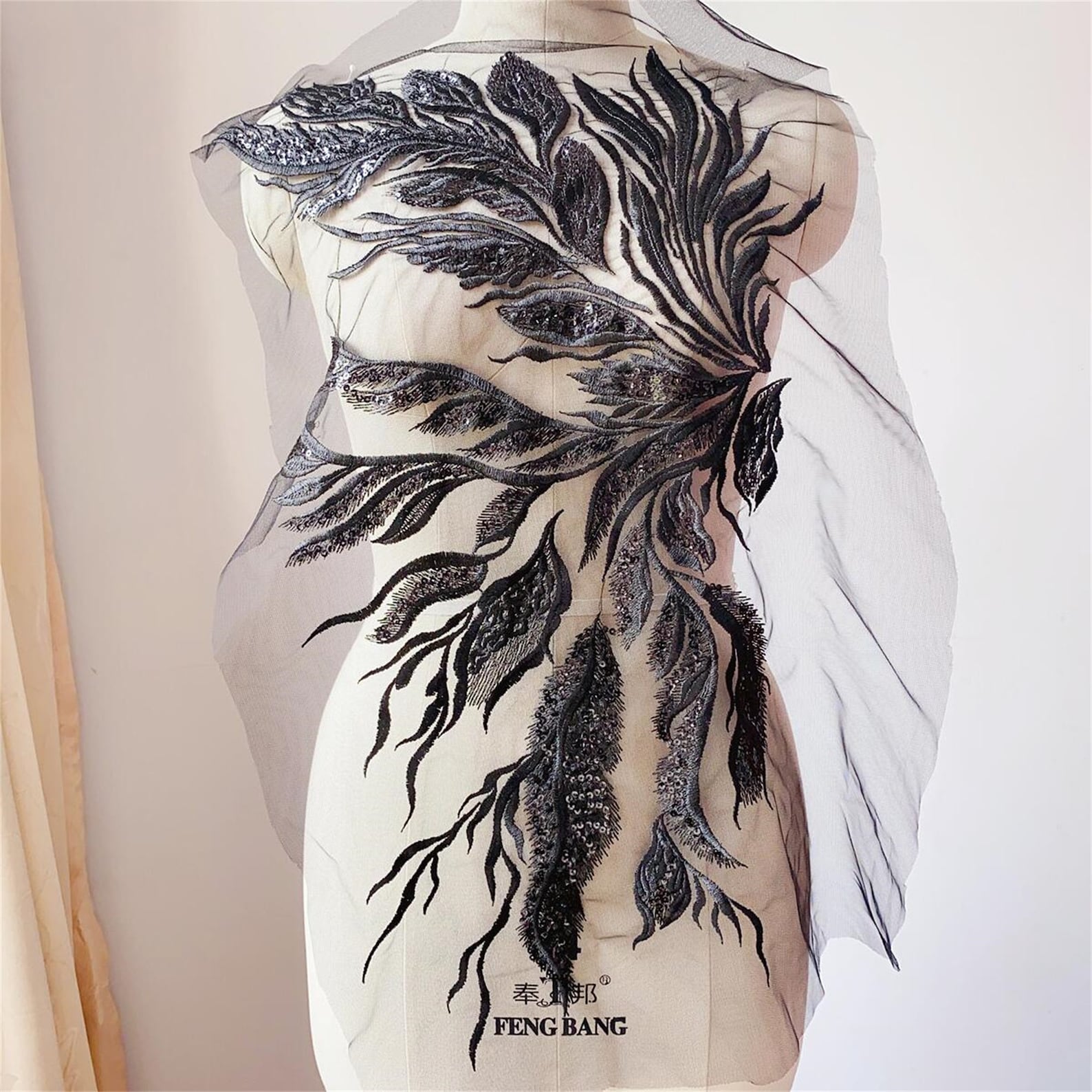Black Sequins Applique, Large Embroidery Bodice Applique, Phoenix Tail ...