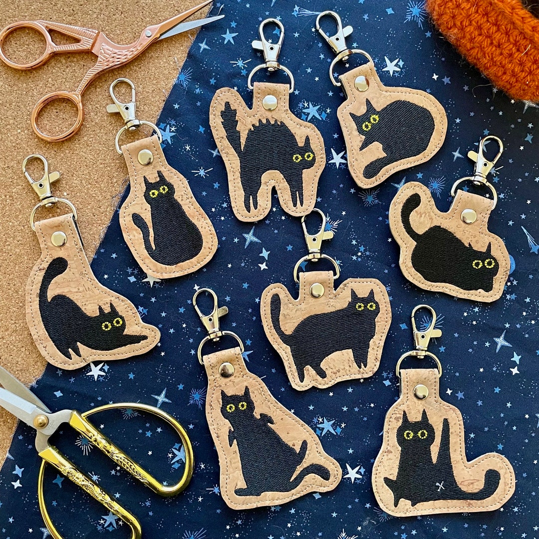 Cute Black Cat Cork Fabric Machine Embroidered Keychains - Etsy