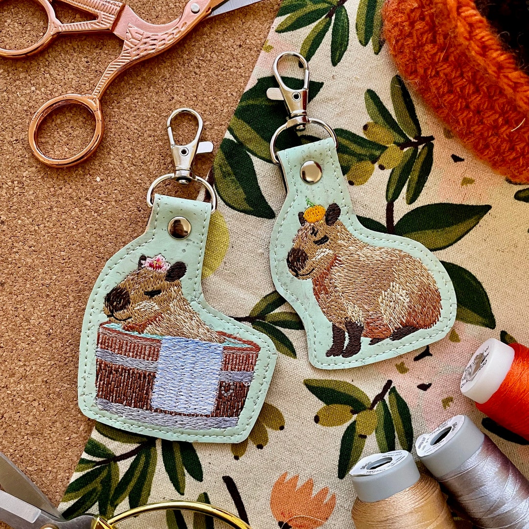 Cute Capybara Cork Fabric Machine Embroidered Keychain - Etsy