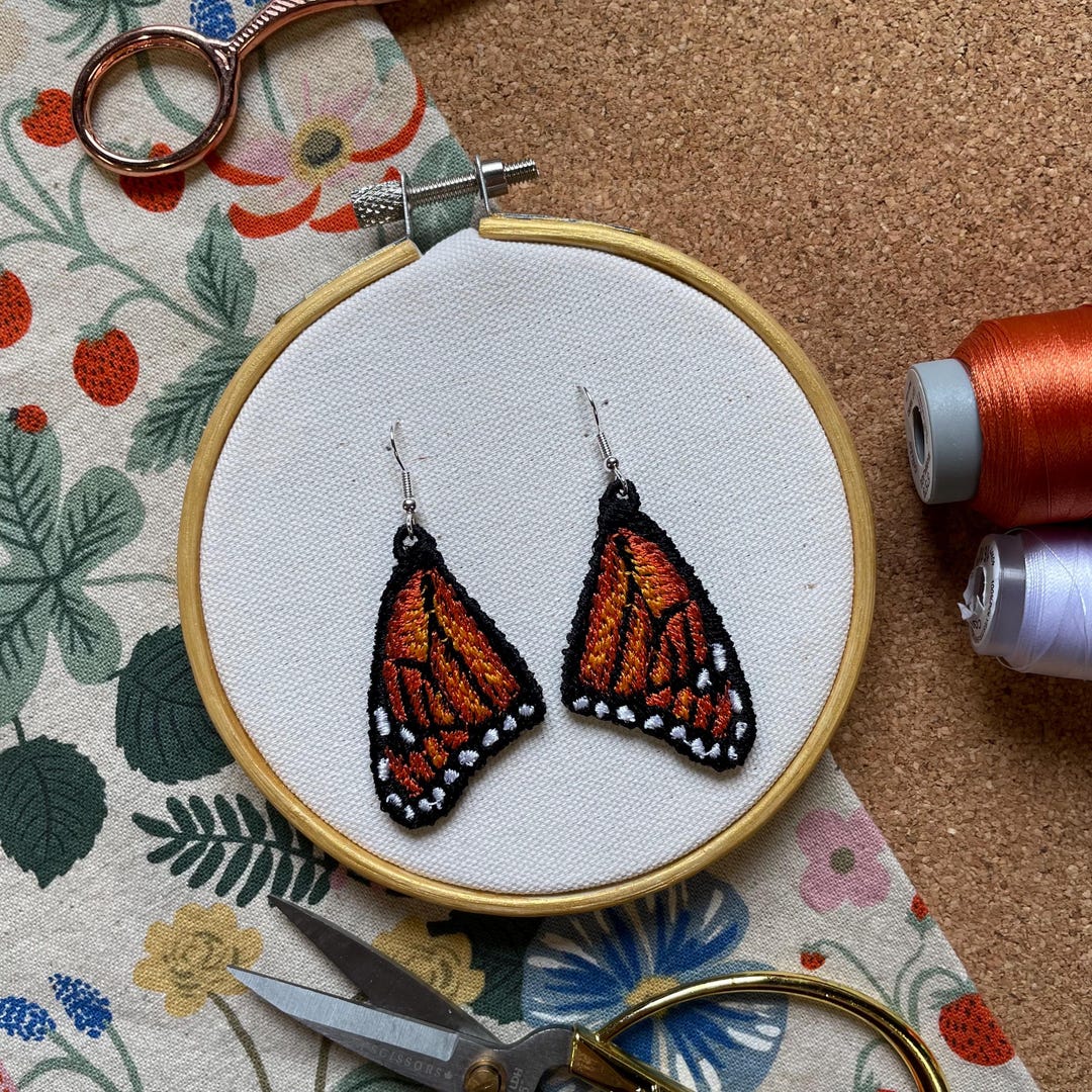 Monarch Butterfly Wing Machine Embroidered Earrings | Nickel Free ...