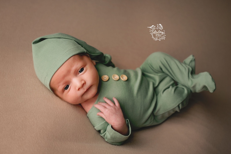 Sweetest Little Green Romper With Sleepy Cap for Newborn Photography ...