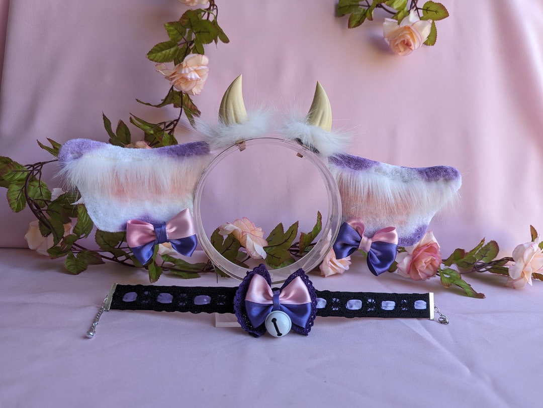 Purple Cow Ears With Horns and Collar With Bell Set, Cosplay Ears ...