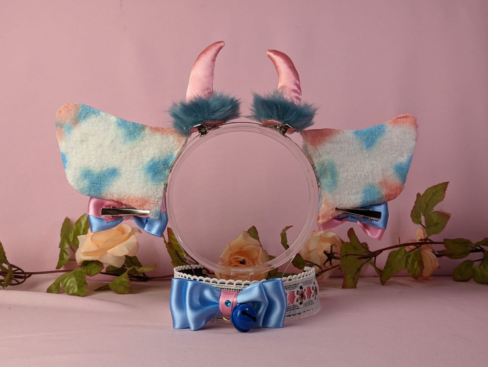 Pink and Blue Cow Ears With Horns and Collar With Bell Set, Cosplay ...