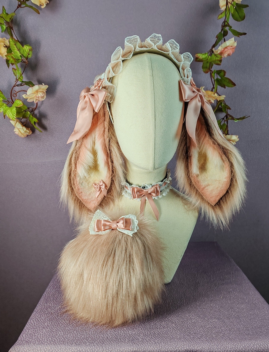 Pink Maid Bunny Ears, Tail and Collar Set Faux Fur Ears Cosplay ...