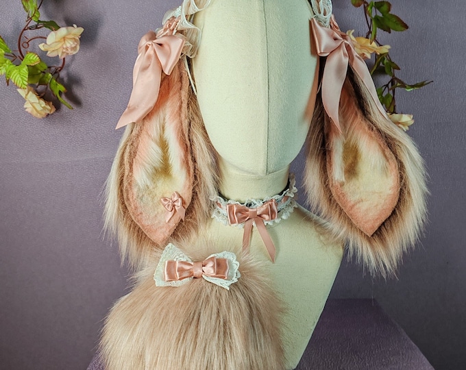 Pink Maid Bunny Ears, Tail and Collar Set Faux Fur Ears Cosplay ...