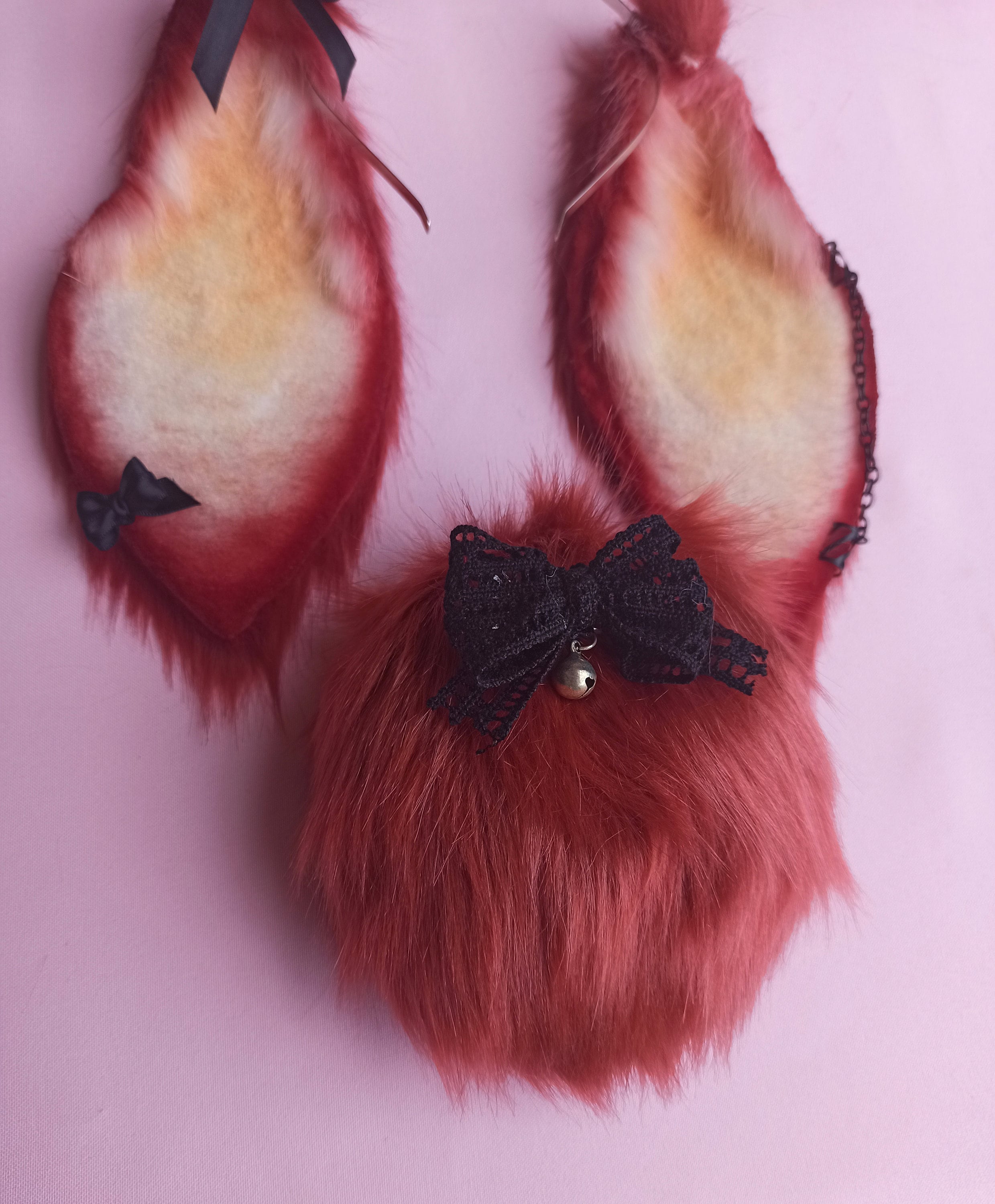 Fire Red Bunny Ears Tail and Collar Set Faux Fur Ears Cosplay - Etsy