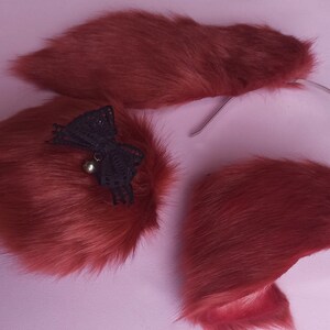 Fire Red Bunny Ears, Tail and Collar Set Faux Fur Ears Cosplay ...