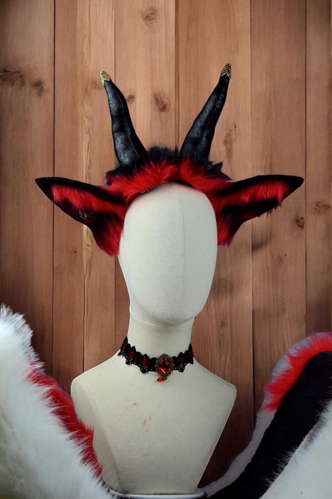 Ram Ears With Horns, Collar and Red and Black Tail, Cosplay Ears ...