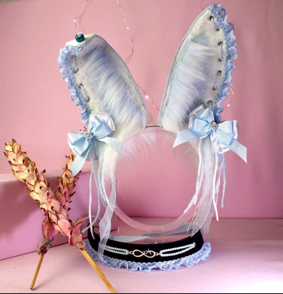 Baby Blue Corse Bunny Ears and Collar Faux Fur Ears Headband Metal ...