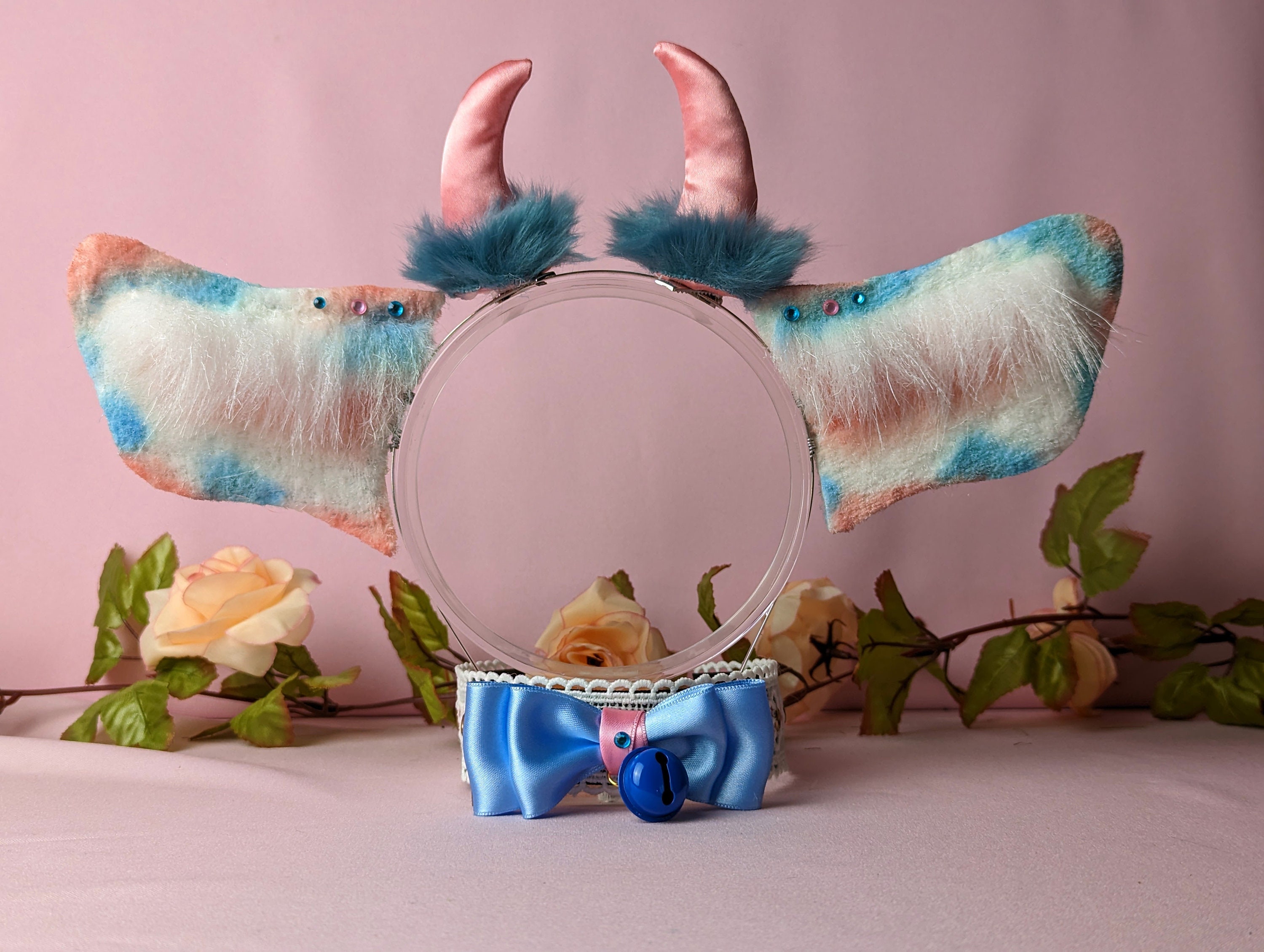 Pink and Blue Cow Ears With Horns and Collar With Bell Set, Cosplay ...