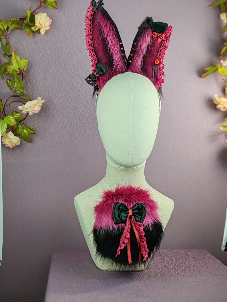 Red Maid Bunny Ears, Tail and Collar Set Faux Fur Ears Cosplay ...