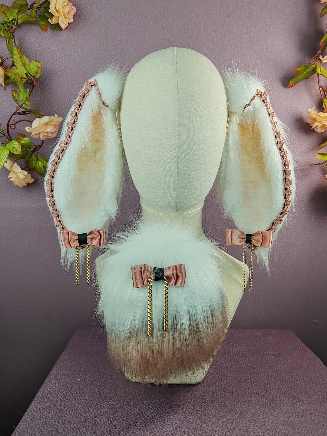Pink Corse Bunny Ears, Tail and Collar Set Faux Fur Ears Cosplay ...