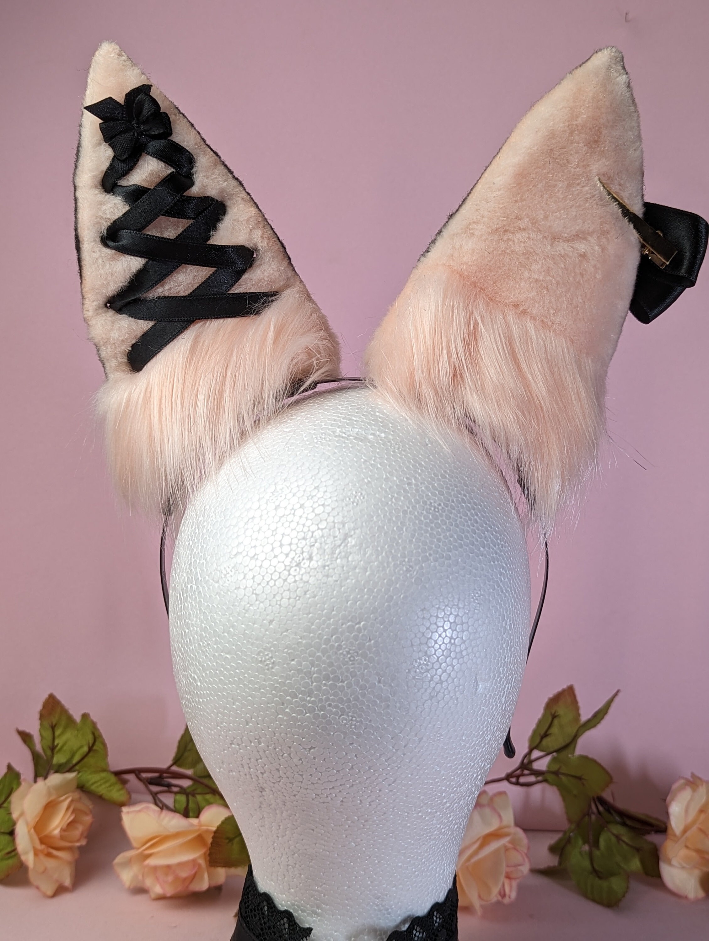 Pink and Black Corset Bunny Ears, Tail and Collar Set Faux Fur Ears ...