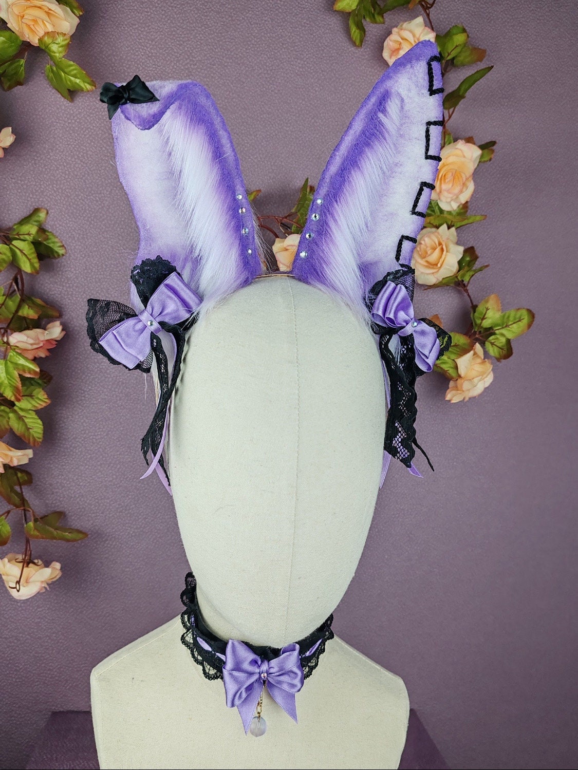 Purple Corset Bunny Ears, Tail and Collar Set Faux Fur Ears Cosplay ...
