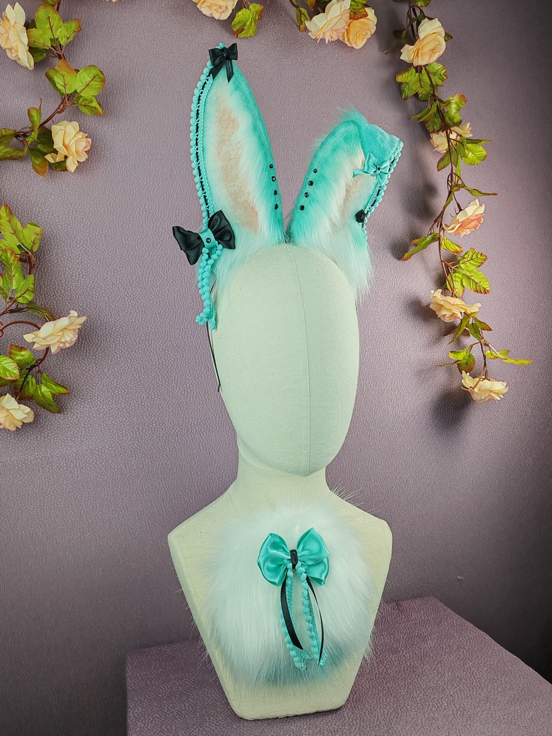 Blue Corset Bunny Ears, Tail and Collar Set Faux Fur Ears Cosplay ...