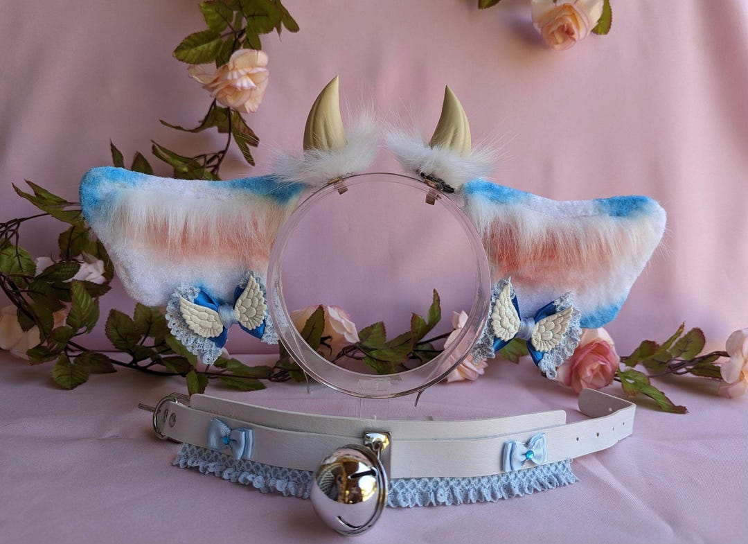 Angelic Blue Cow Ears With Horns and Collar With Bell Set, Cosplay Ears ...