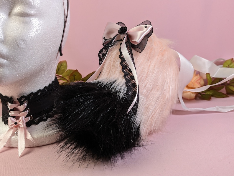 Pink and Black Corset Bunny Ears, Tail and Collar Set Faux Fur Ears ...