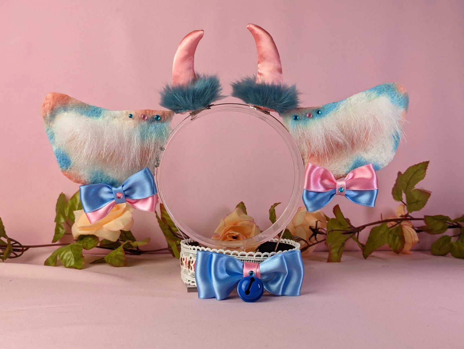 Pink and Blue Cow Ears With Horns and Collar With Bell Set, Cosplay ...