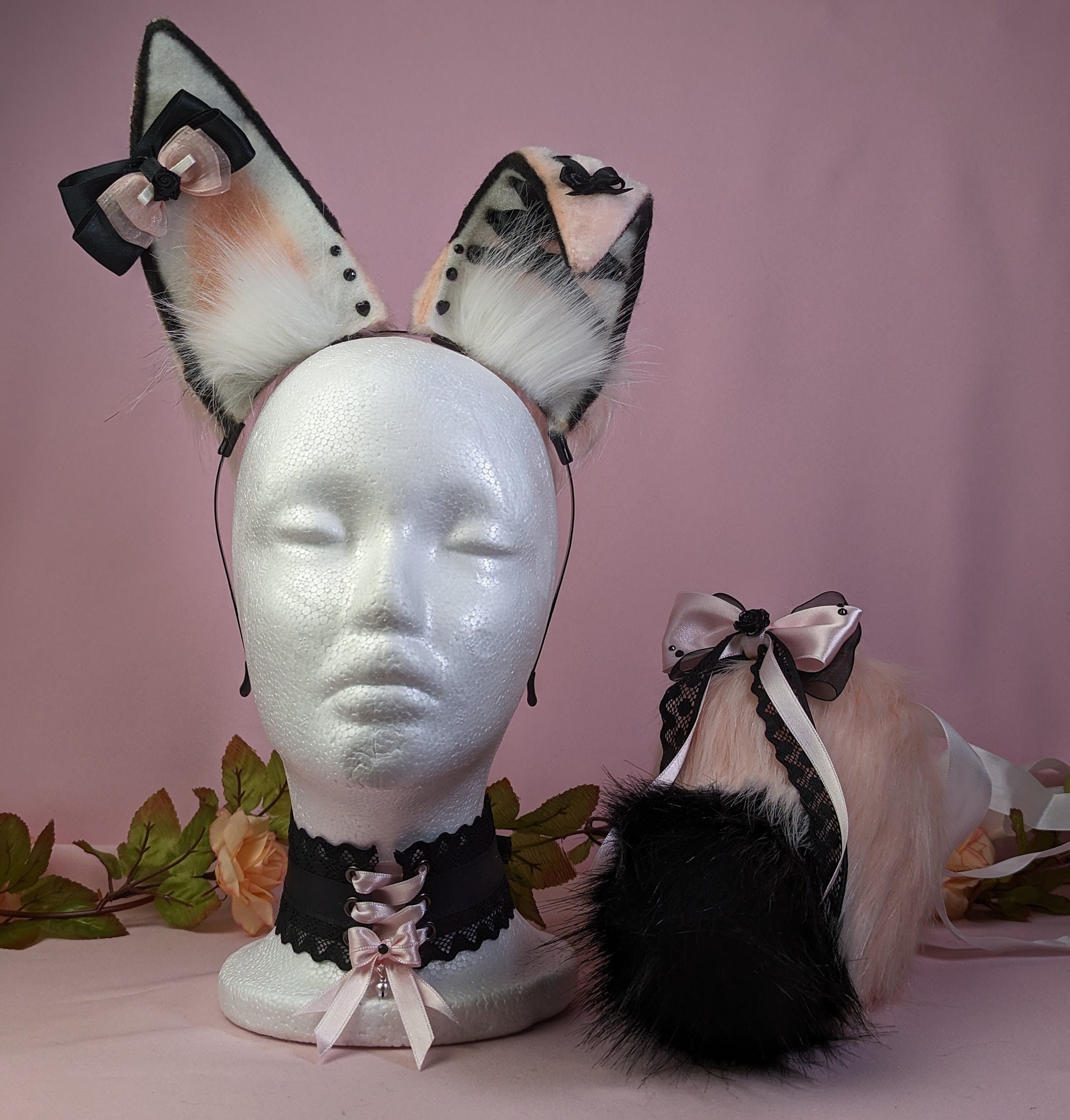 Pink and Black Corset Bunny Ears, Tail and Collar Set Faux Fur Ears ...