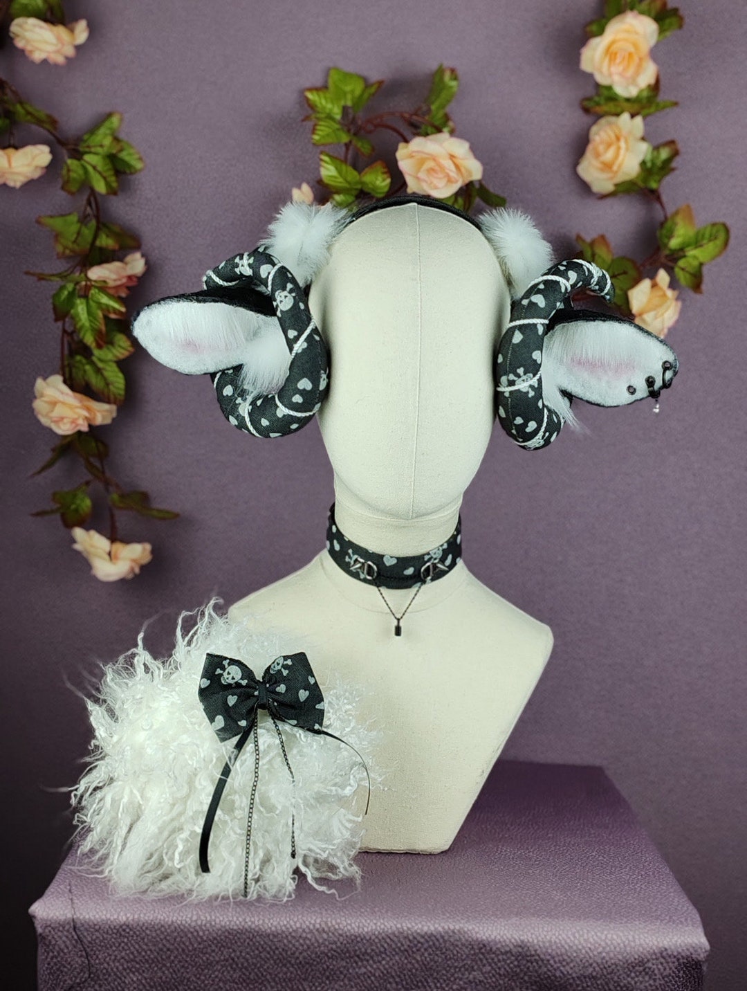 White and Gray Ram Ears, Tail and Collar Set Faux Fur Ears Cosplay ...
