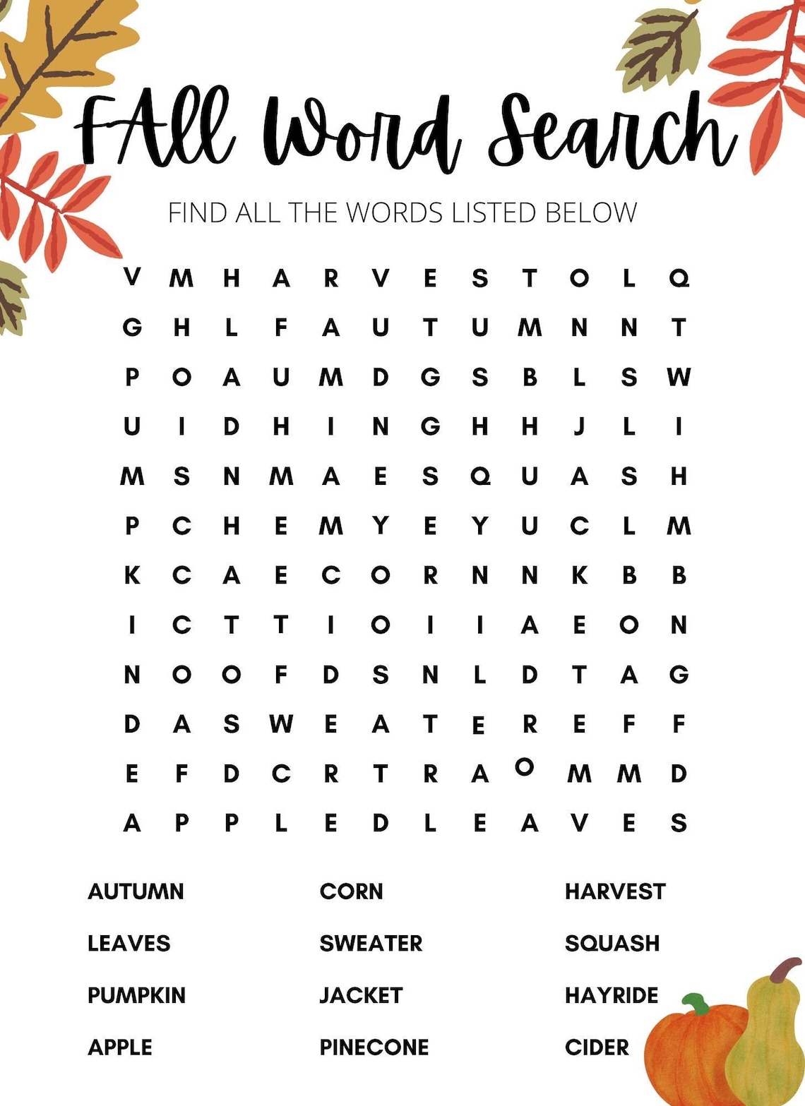 Fall Word Search Printable, Autumn Word Search, Outdoor Word Search ...