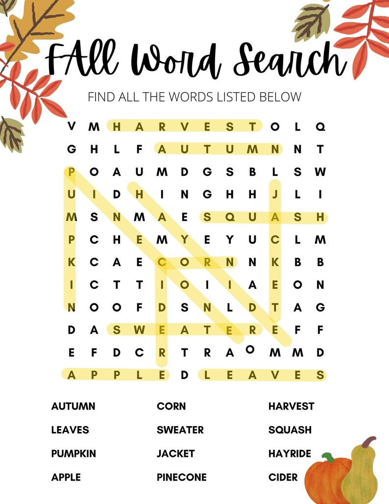Fall Word Search Printable, Autumn Word Search, Outdoor Word Search ...