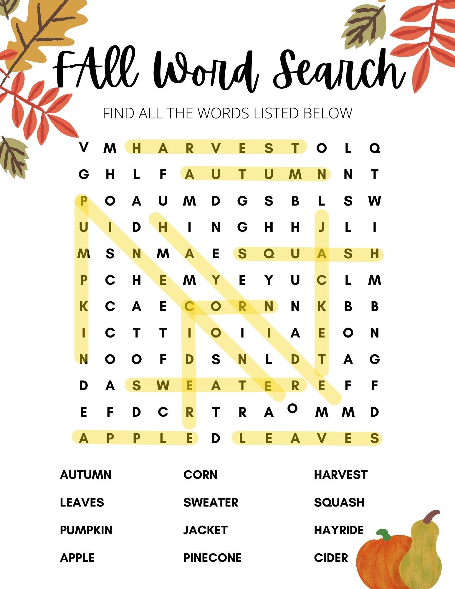 Fall Word Search Printable, Autumn Word Search, Outdoor Word Search ...