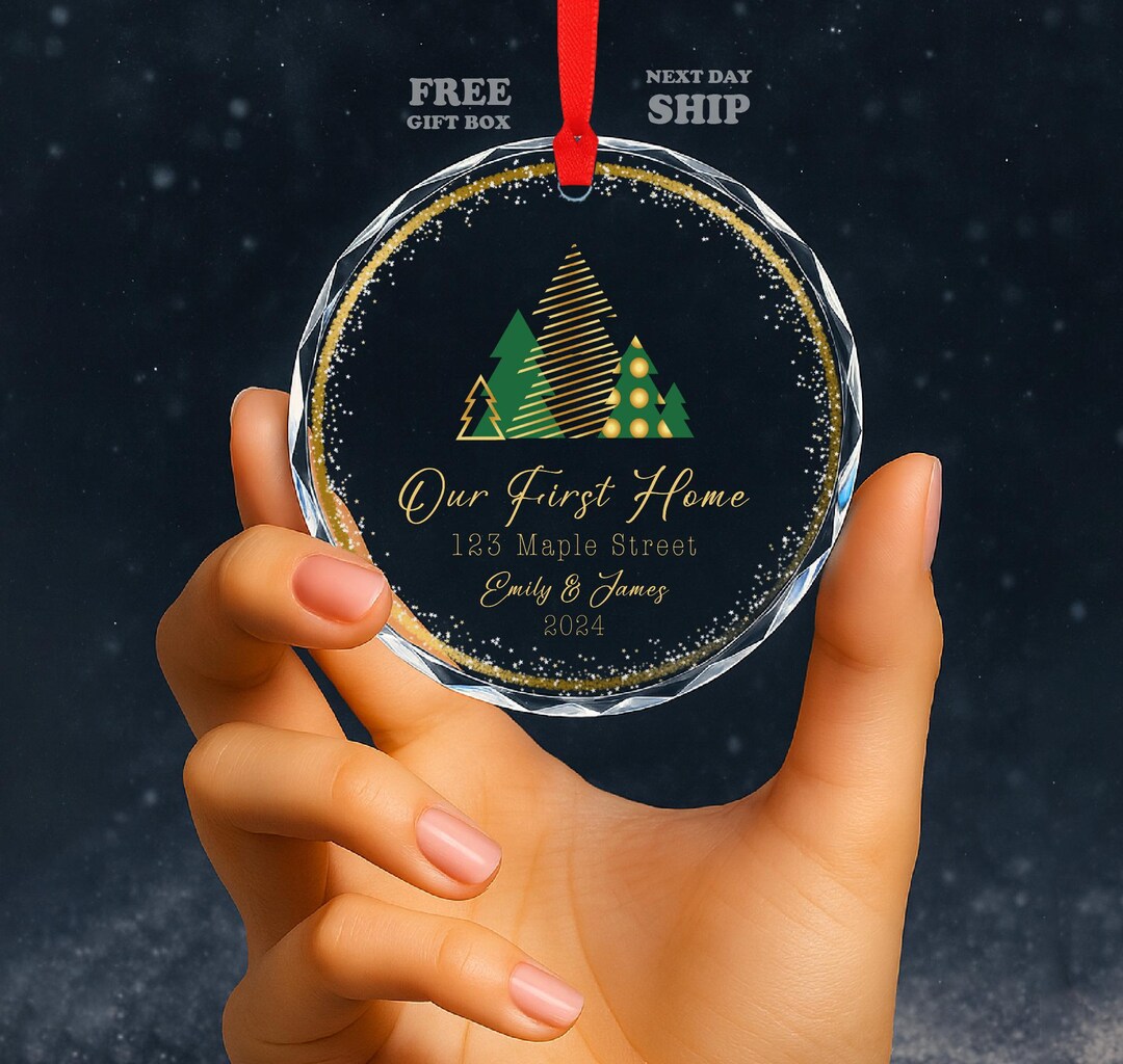 Our First Home Glass Ornament, Gold Tree Design, Personalized Family ...