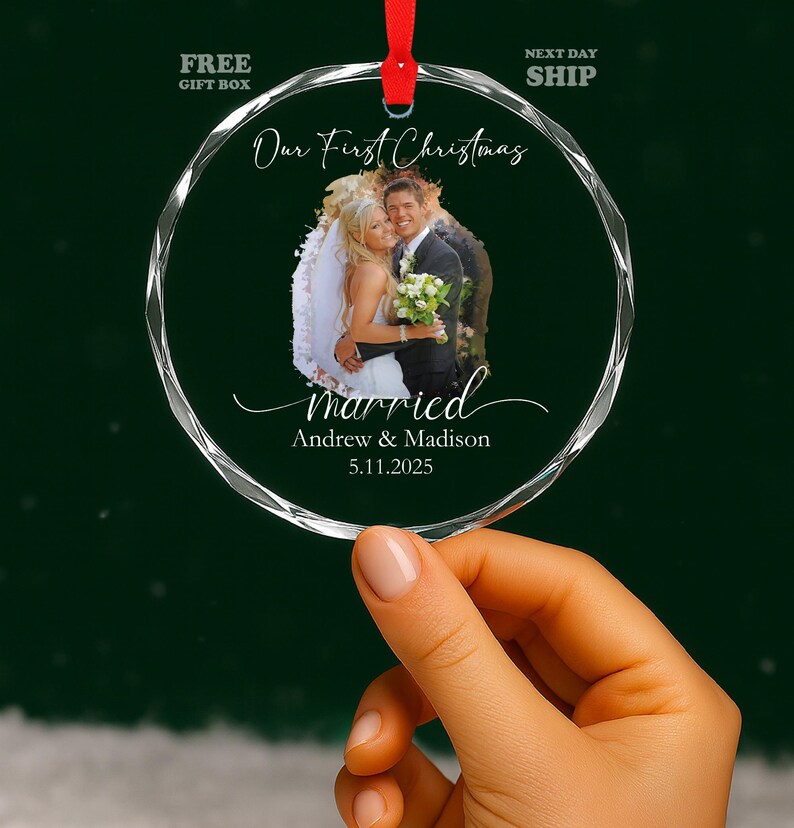 Our First Christmas Married Glass Ornament, Wedding Photo Keepsake ...
