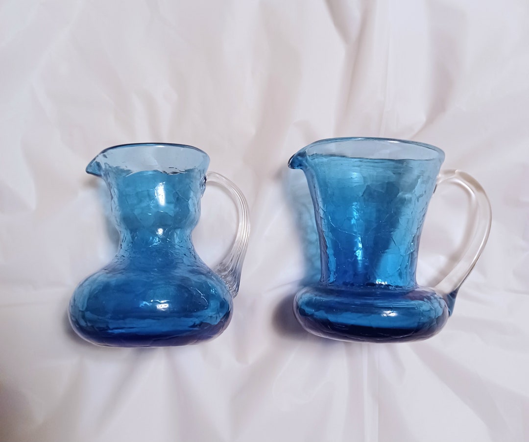 2 Cobalt Aqua Blue Crackle Ice Glass Mini Pitchers Hand-blown - Etsy