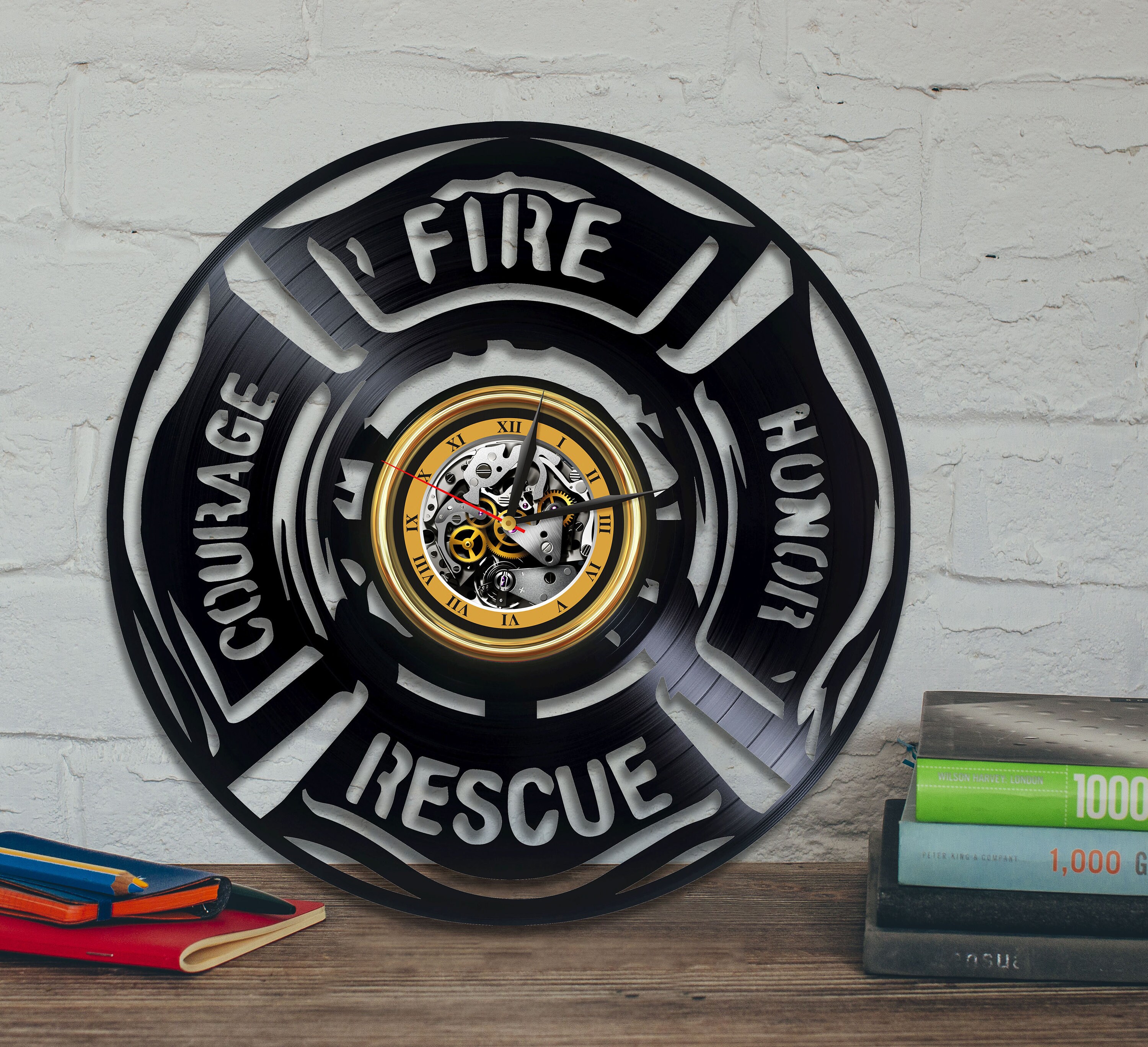 Fire Department Logo Vintage Wall Décor Unique Vinyl Record Clock ...