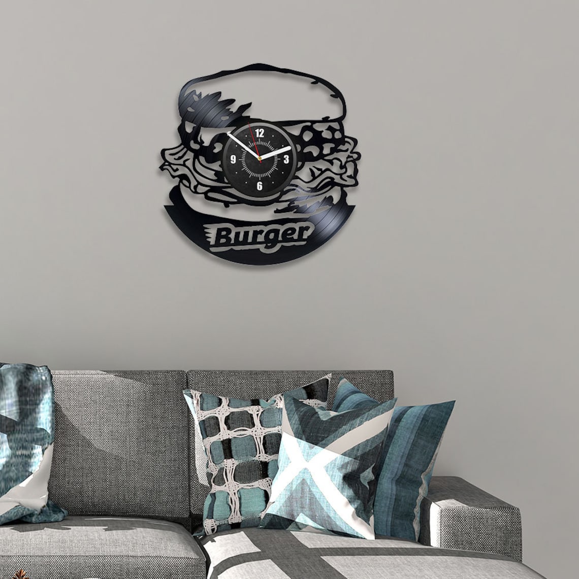 Burger Vinyl Record Laser Cut Wall Clock Burger Art Decor for Kitchen ...