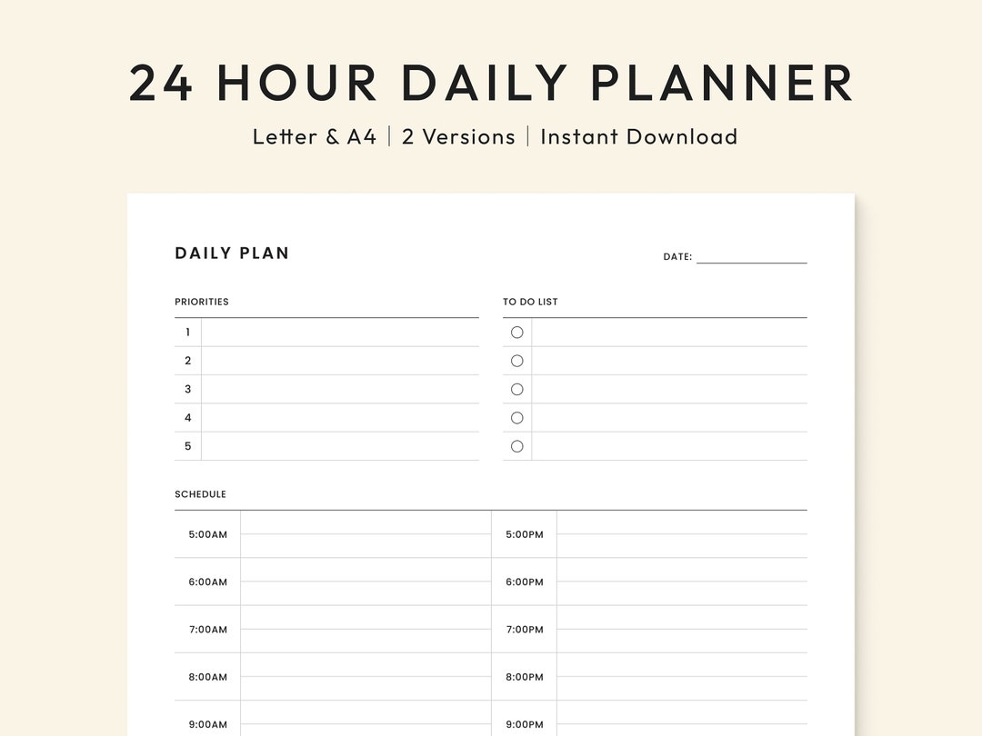 24 Hour Daily Planner Printable Letter & A4 Planner Inserts Digital ...