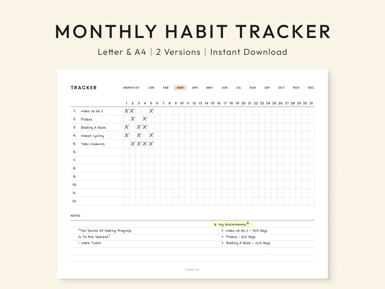 Monthly Habit Tracker Printable Landscape, Habit Tracker Template ...