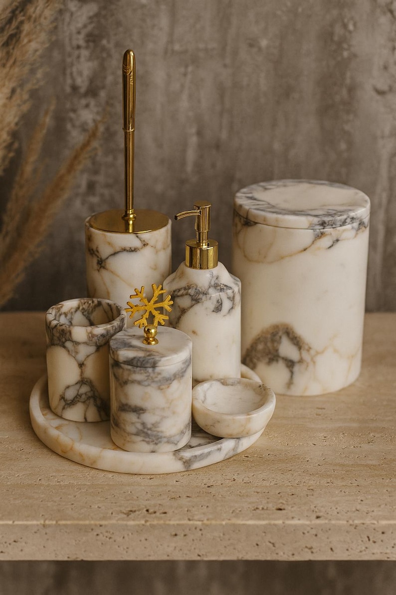 7 Piece Marble Bathroom Set: Luxury Natural Stone Vanity Decor - Etsy